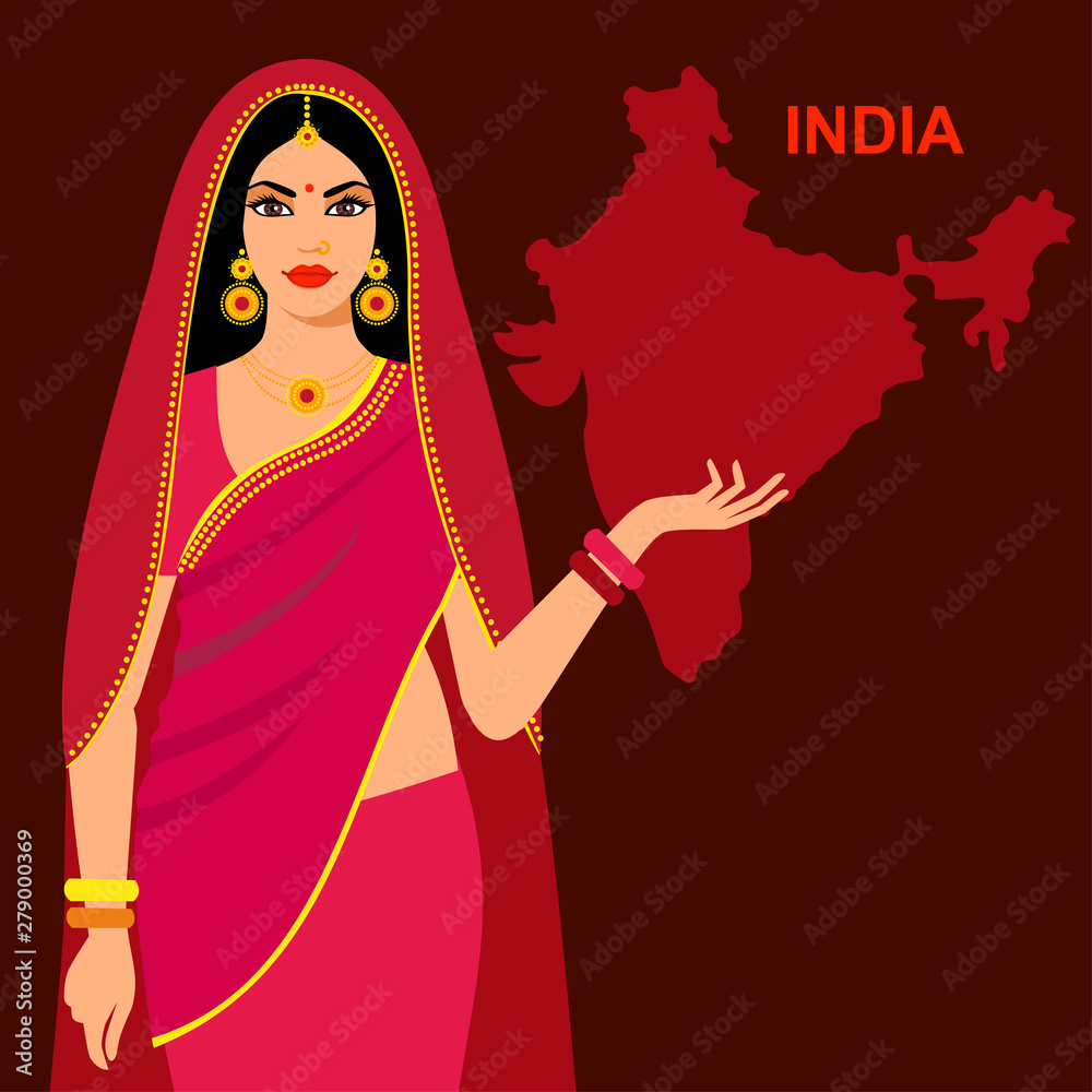 beautiful girl in national dress on a background map of India. An ...