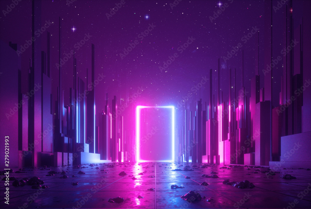 3d abstract neon background, cyber space virtual reality, ultraviolet ...