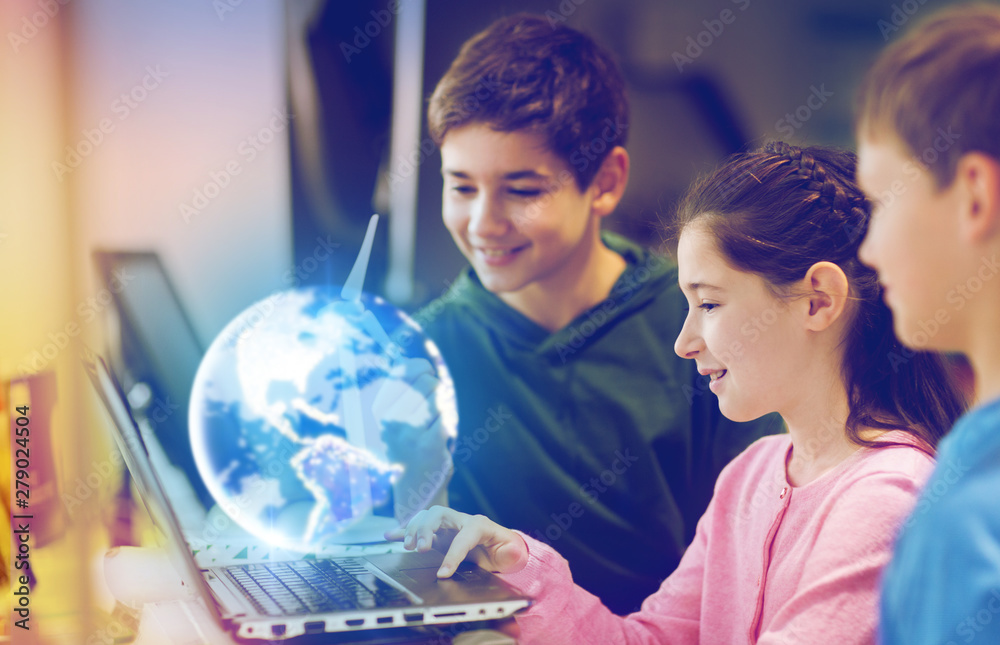 renewable energy, science and technology concept - group of happy ...