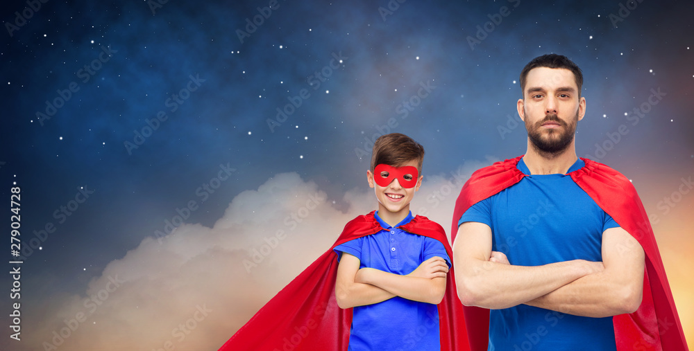 super family, power and fatherhood concept - father and son in red ...