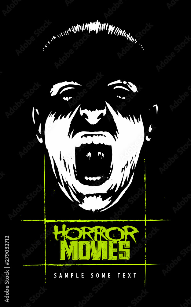 Bottom-lit face, screaming face, horror movie style vector poster ...