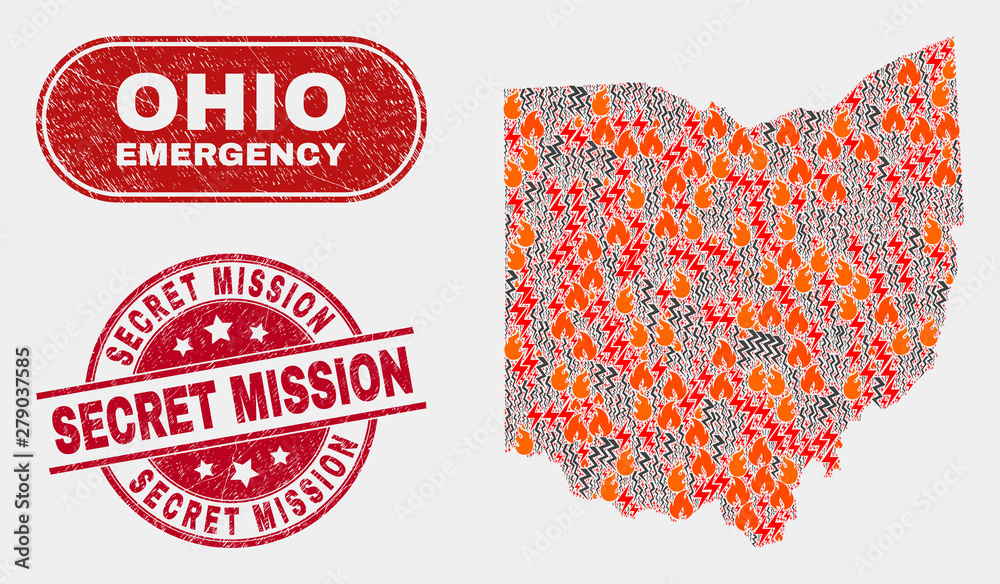 Vector composition of danger Ohio State map and red round distress ...