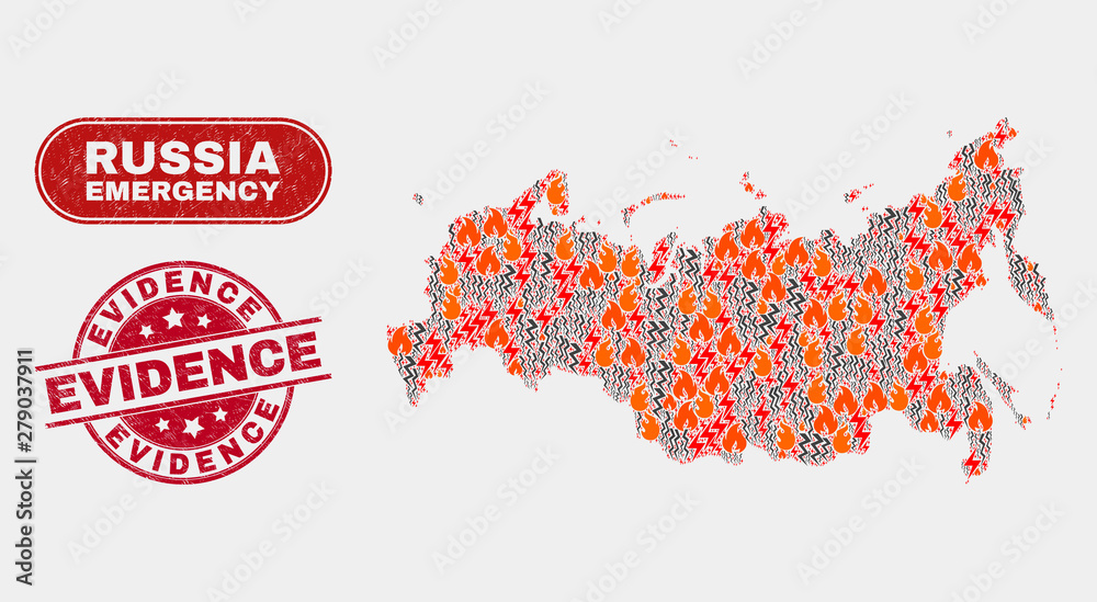 Vector collage of firestorm Russia map and red round scratched Evidence ...