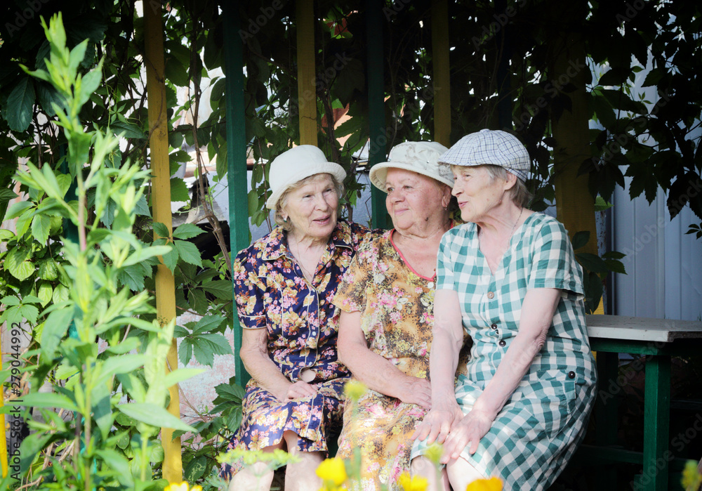 Three elderly women, close friends, sit on the summer terrace of their ...