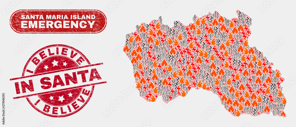 Vector collage of wildfire Santa Maria Island map and red round grunge ...