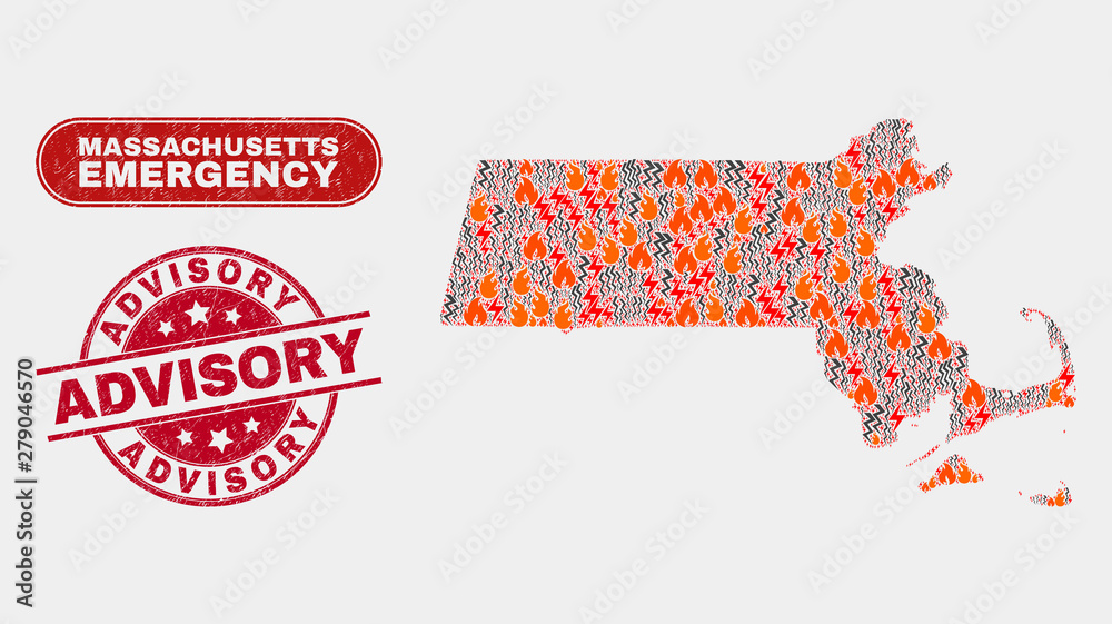 Vector composition of danger Massachusetts State map and red round ...