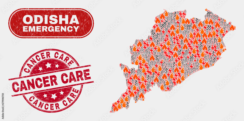 Vector collage of wildfire Odisha State map and red round grunge Cancer ...