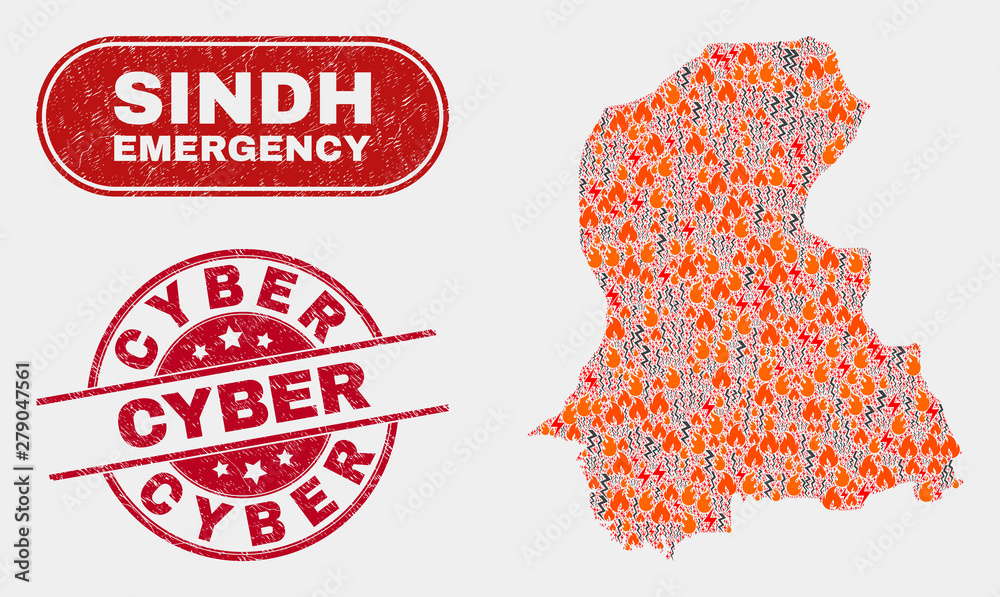 Vector collage of wildfire Sindh Province map and red rounded distress ...