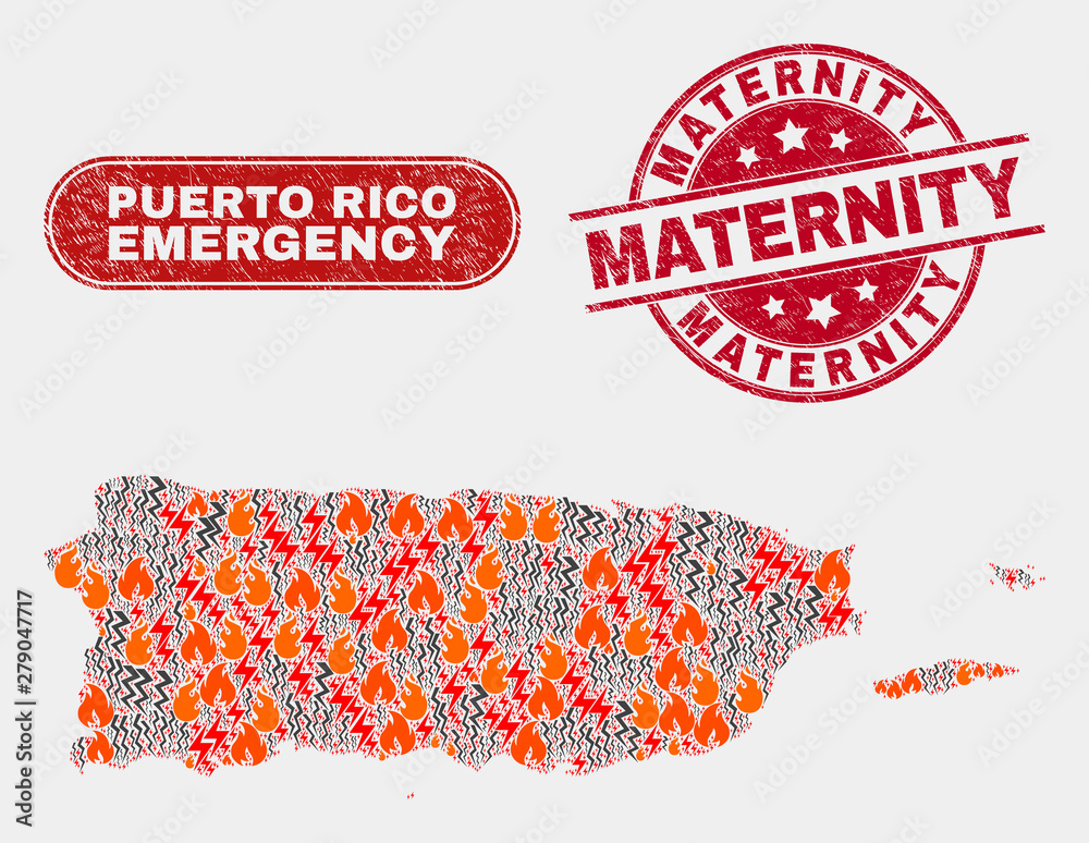 Vector collage of disaster Puerto Rico map and red round distress ...
