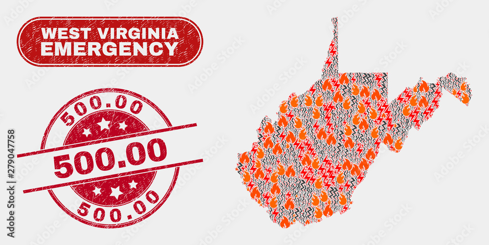Vector collage of wildfire West Virginia State map and red round ...