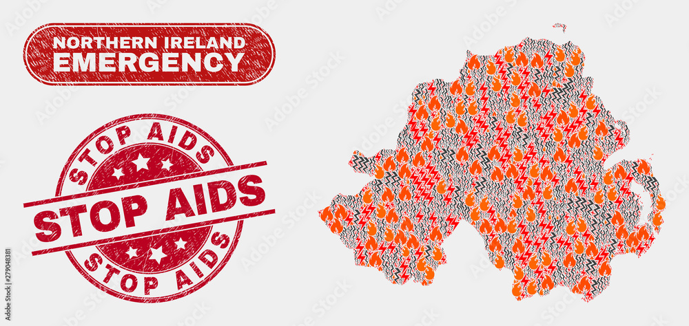 Vector composition of wildfire Northern Ireland map and red round ...