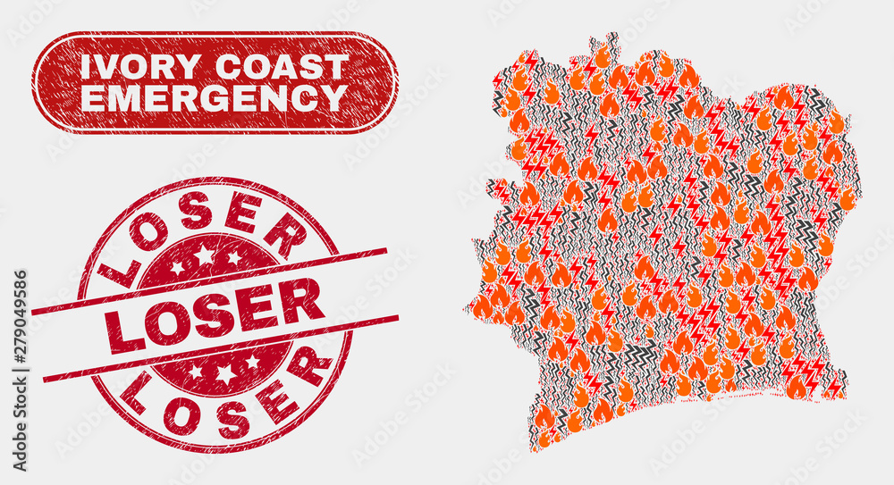 Vector collage of hazard Ivory Coast map and red rounded distress Loser ...