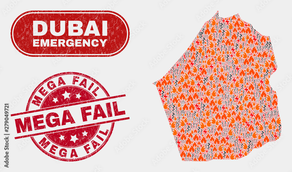 Vector collage of danger Dubai Emirate map and red round grunge Mega ...