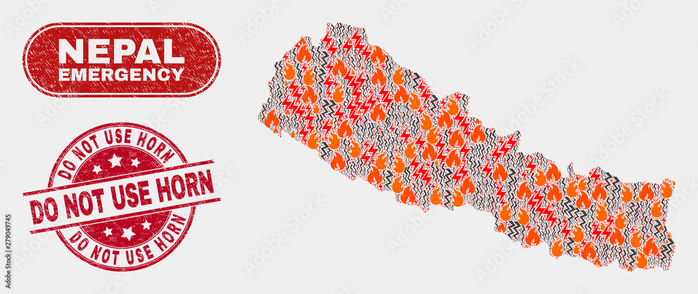 Vector collage of firestorm Nepal map and red round distress Do Not Use ...