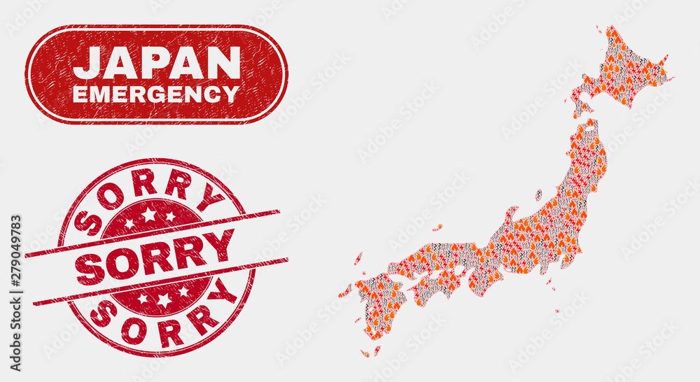 Vector composition of danger Japan map and red rounded scratched Sorry ...