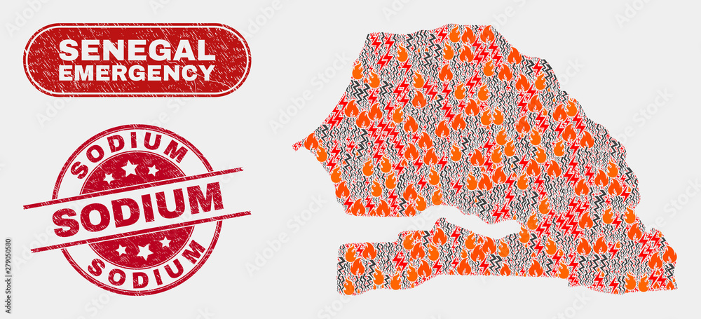 Vector composition of hazard Senegal map and red rounded textured ...