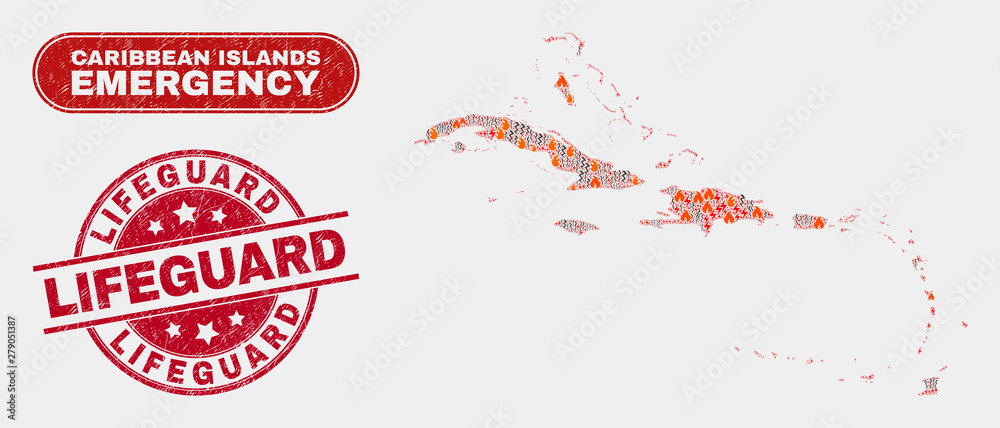Vector composition of wildfire Caribbean Islands map and red rounded ...