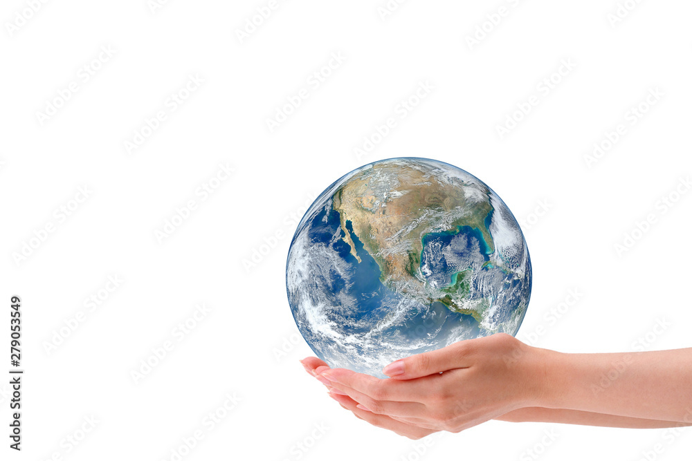 Ecology Concept : Woman holding planet earth globe isolated on white ...