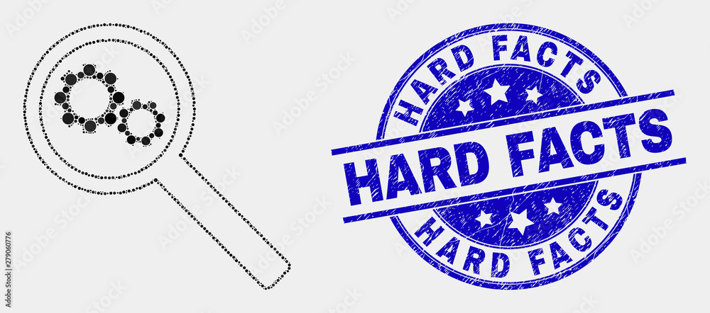 Pixelated gears audit mosaic pictogram and Hard Facts stamp. Blue ...