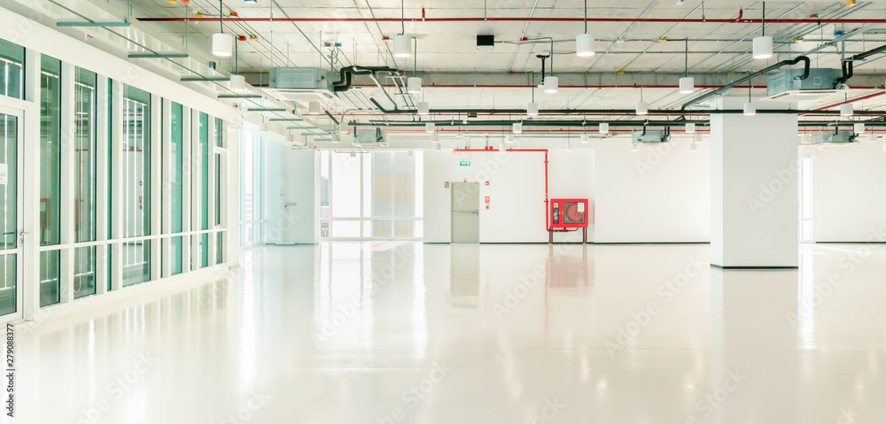 Empty large clean corridor hall space of office building skyscraper ...
