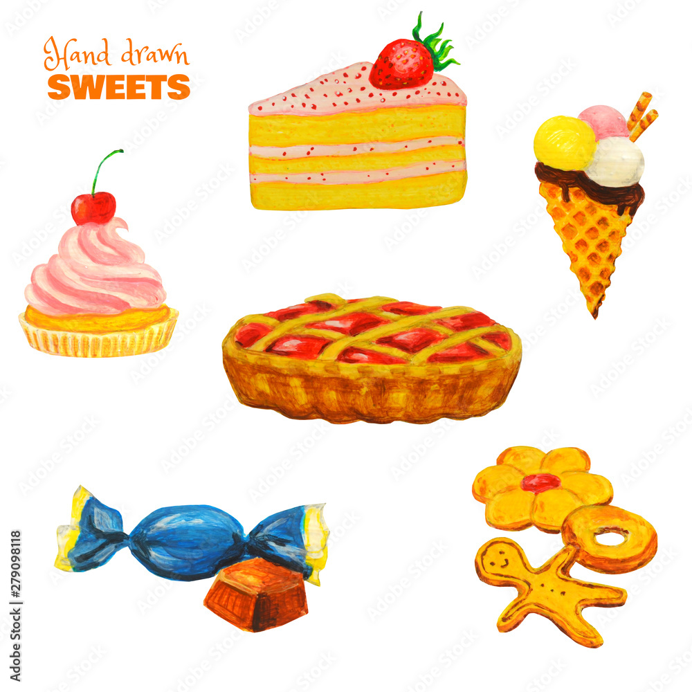 Sweets colorful set. Ready pastry isolated on white. Hand-drawn bright ...