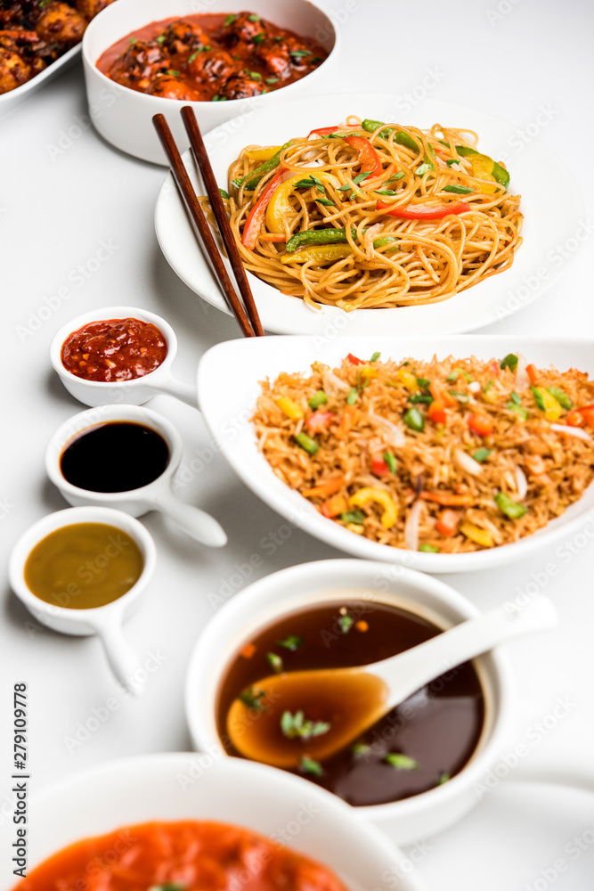 Assorted Indo chinese dishes in group includes Schezwan/Szechuan hakka ...