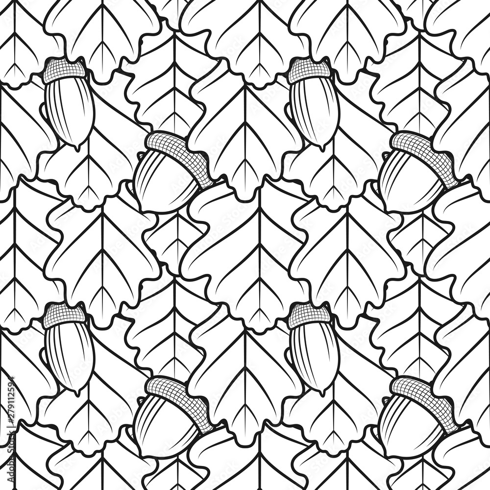 Seamless black and white pattern with oak leaves and acorns. Vector ...