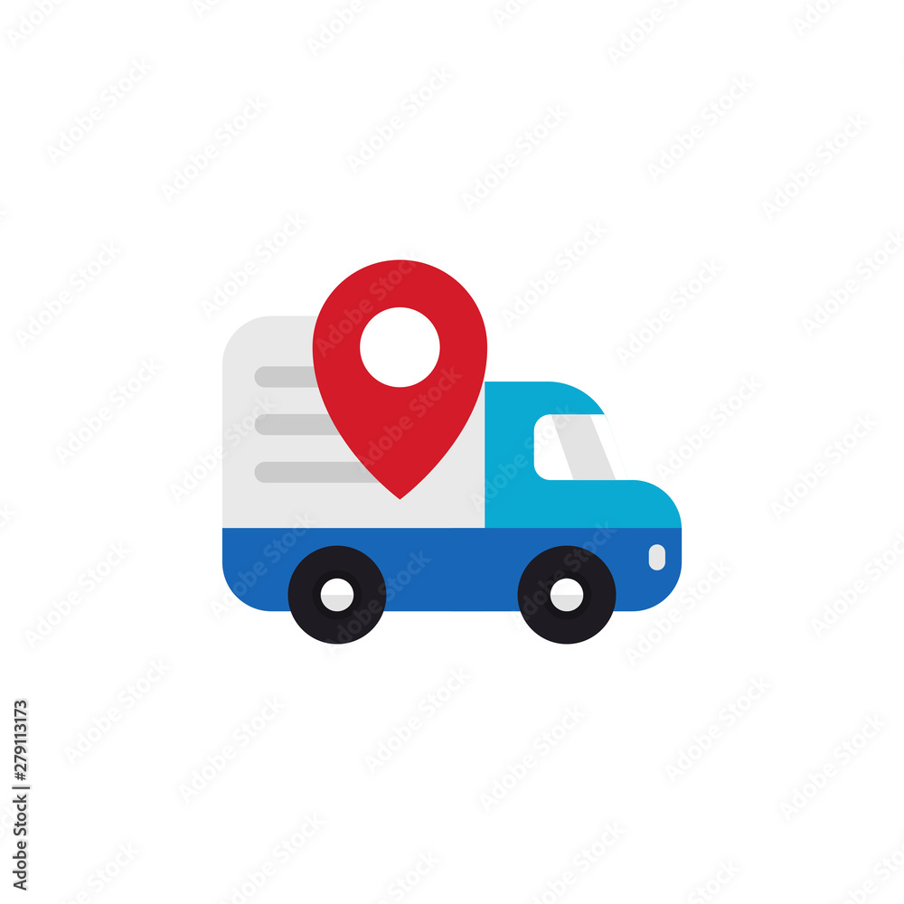 Shipping truck tracking icon design. Moving car with map pin locator ...