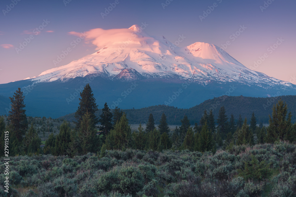 View of Mount Shasta Volcano with glaciers, in California, USA ...