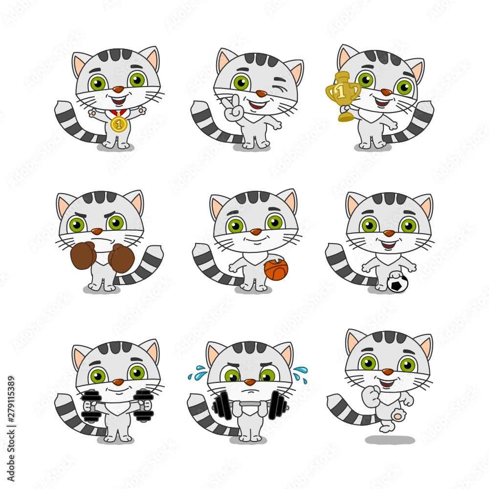 Set of funny kitten of a cat in cartoon style and in different types of ...