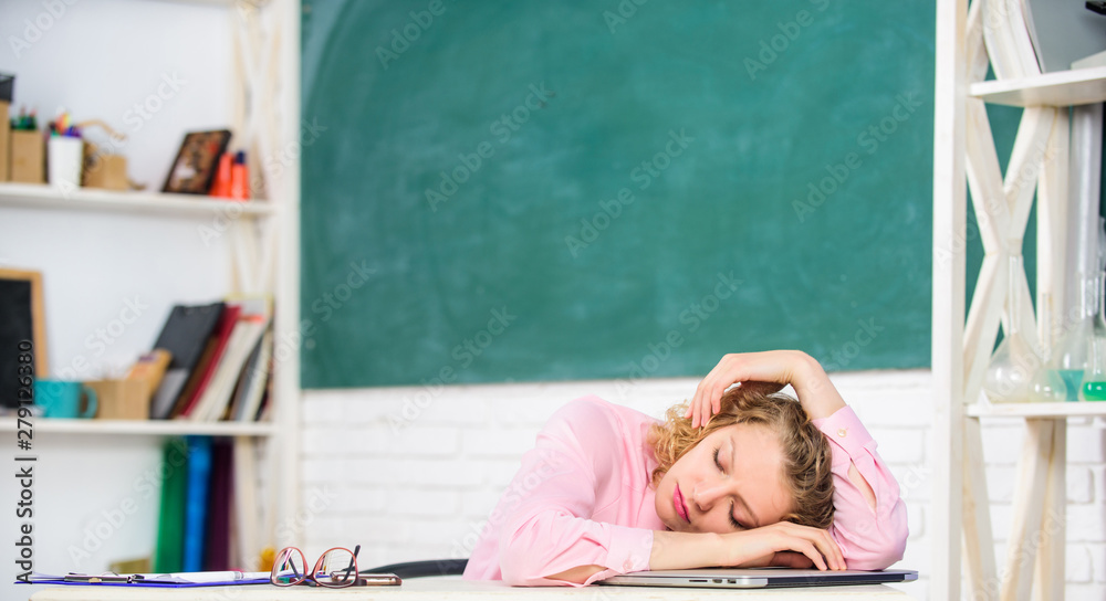 Tired tutor fall asleep at workplace. Tired student lean on desk ...