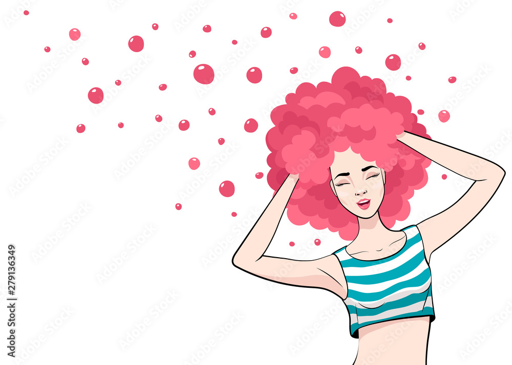 Happy girl with pink foam on her head. Advertising poster template ...