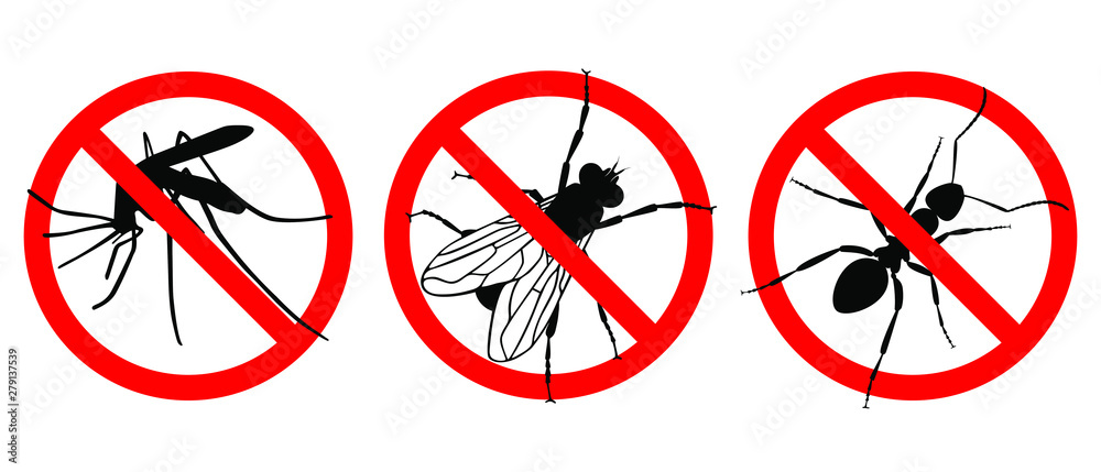 Warning sign NO INSECTS. Prohibited sign. Set icons: NO MOSQUITOES; NO ...