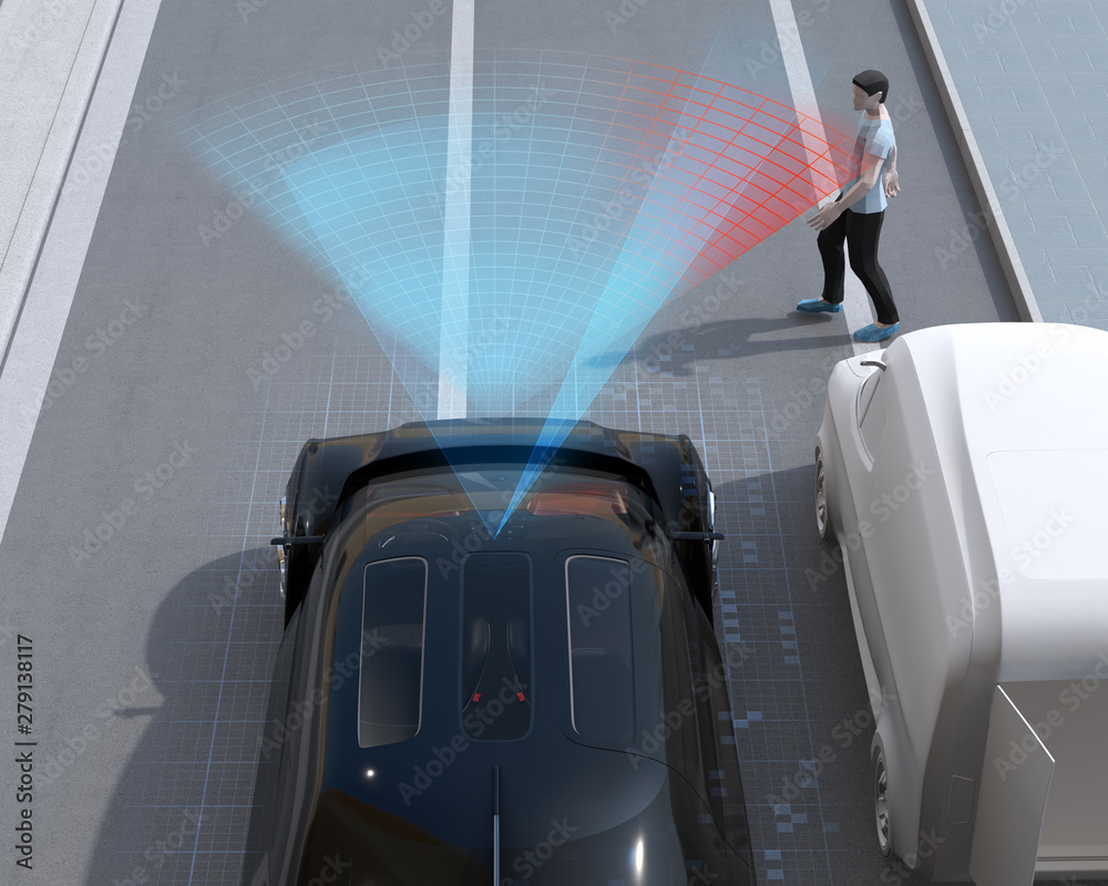 Black car emergency braking to avoid car accident with pedestrian walking out from vehicle blind ...