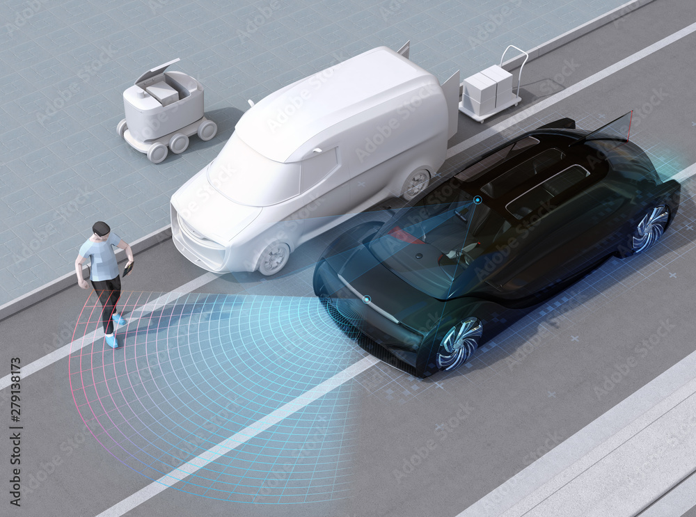 Black car emergency braking to avoid car accident with pedestrian who using smartphone ...