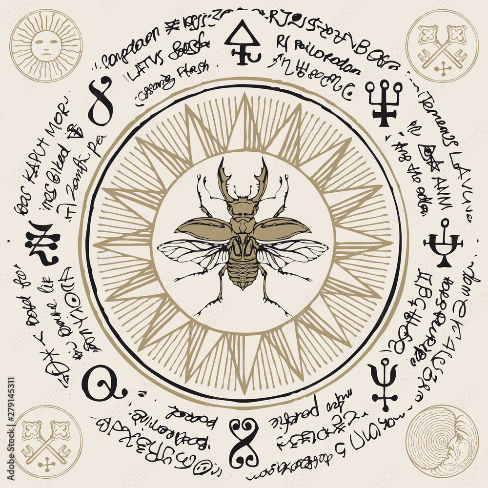 Illustration of a hand-drawn stag-beetle on an old abstract illegible ...