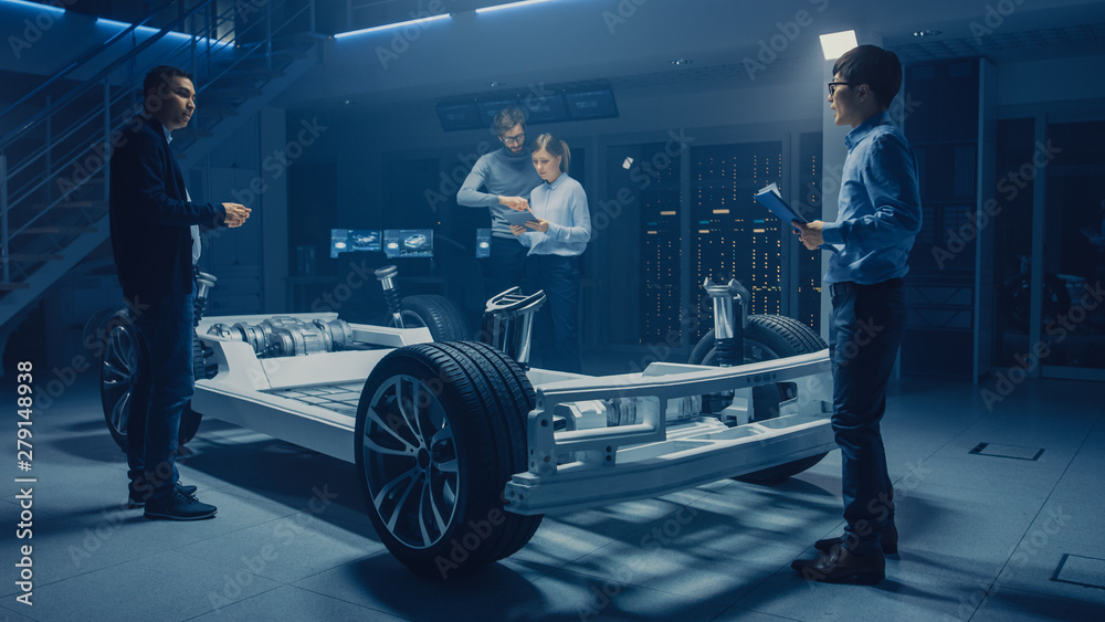 Automobile Design Engineers Working on Electric Car Platform Chassis ...