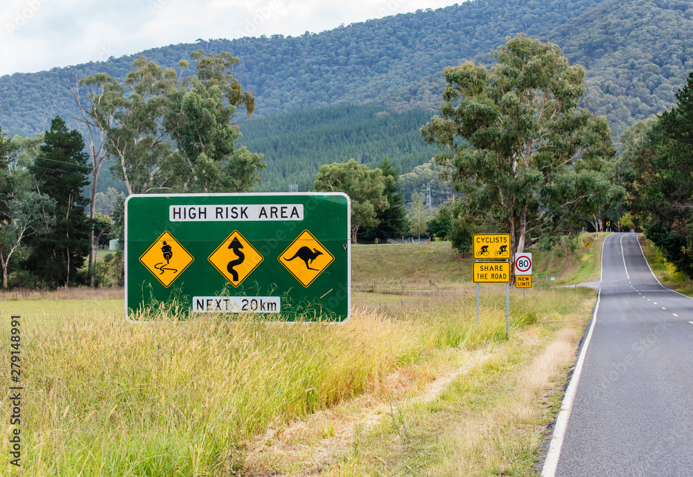 Australian road signs for high risk area, cyclists share the road and ...