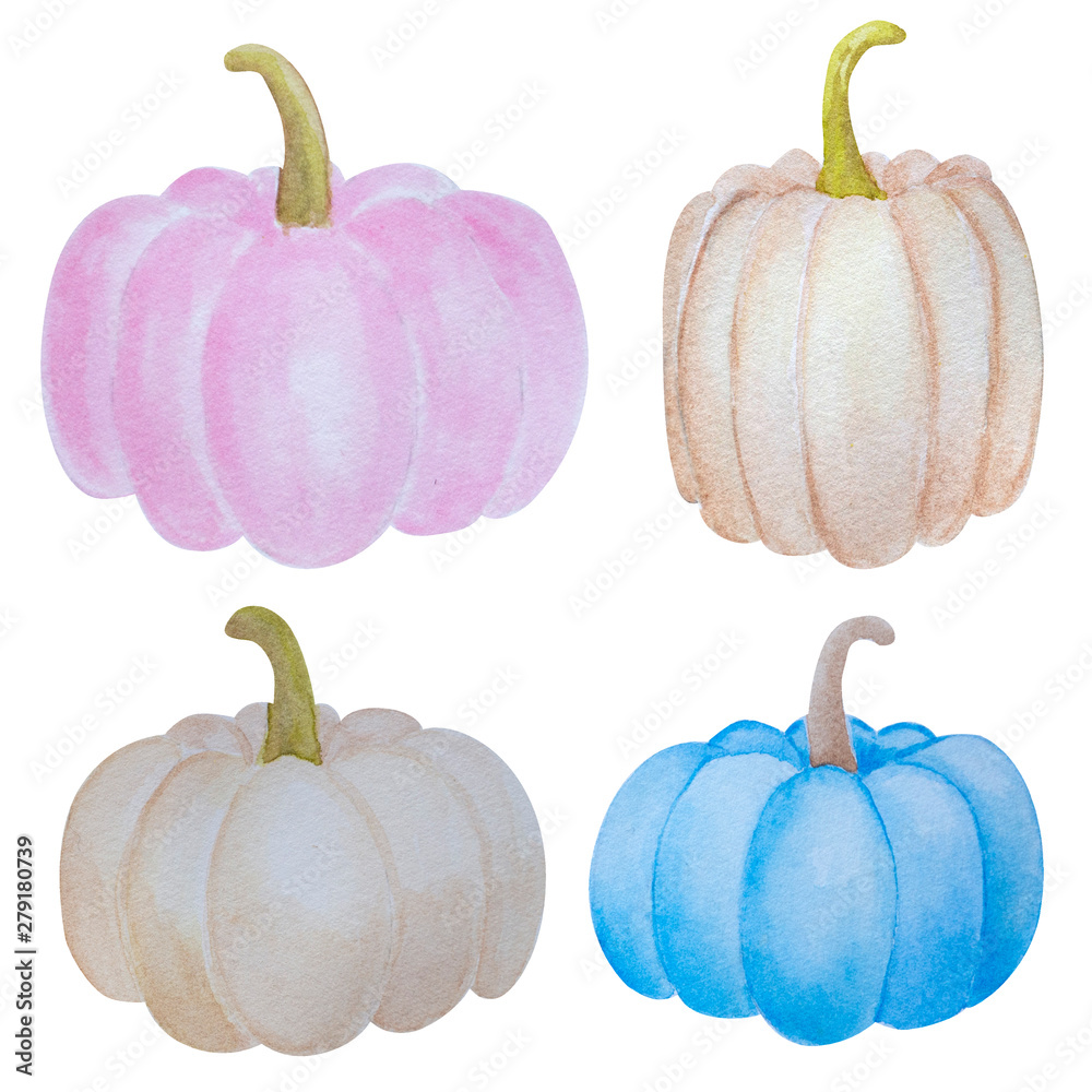 watercolor clip art set of pink, blue and white pumpkins isolated on ...