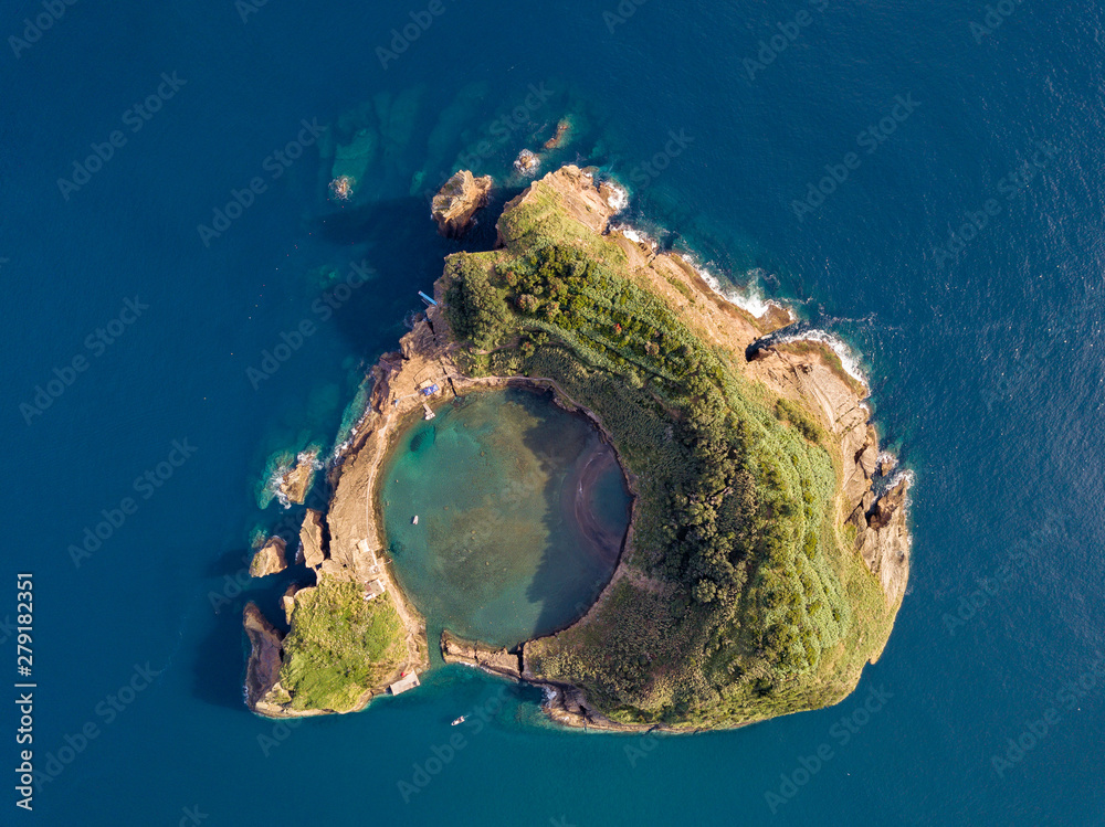 Azores aerial panoramic view. Top view of Islet of Vila Franca do Campo ...