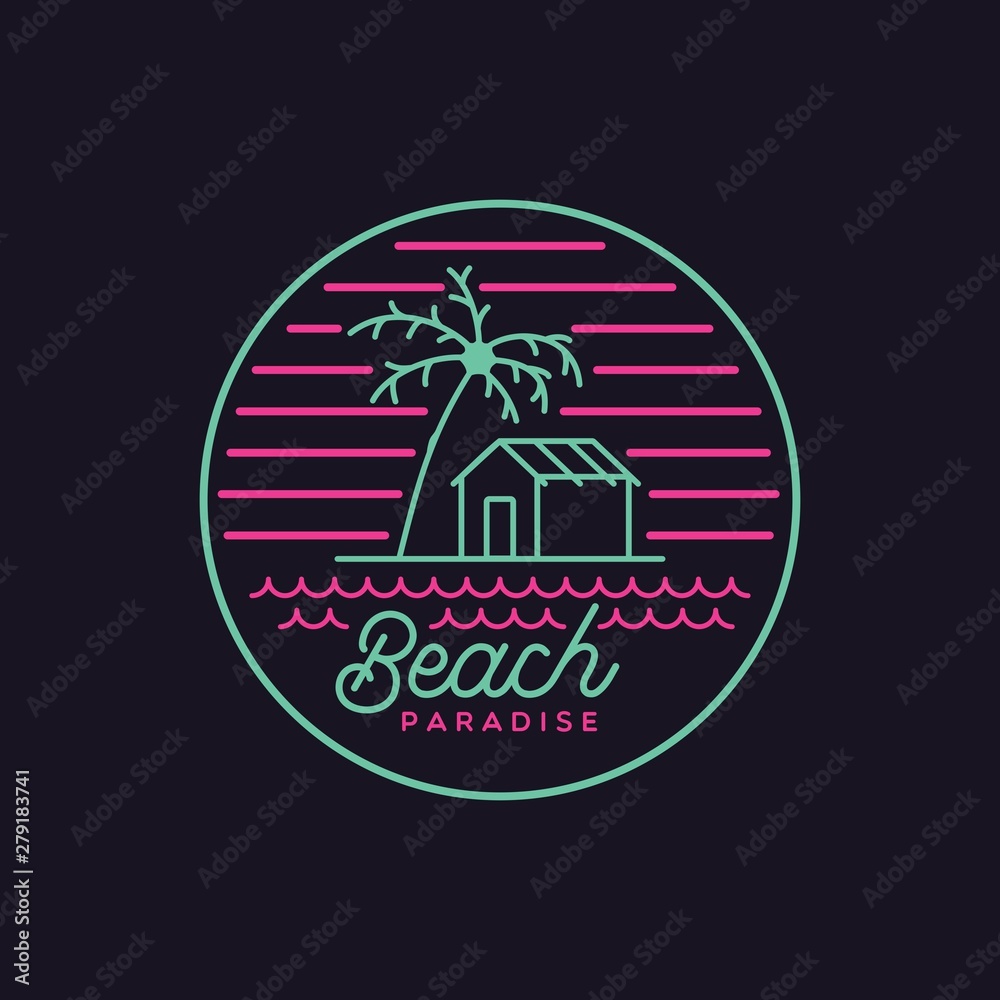 beach paradise logo design. Line art design. Vintage style print design ...