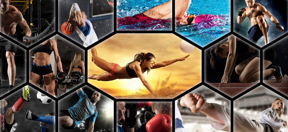 Sport collage. Swimming, soccer, fitness, bodybuilding, volleyball ...