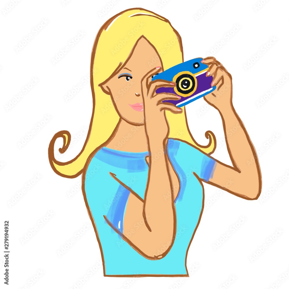 Blonde woman with camera in her hands. Beautiful cartoon character for ...