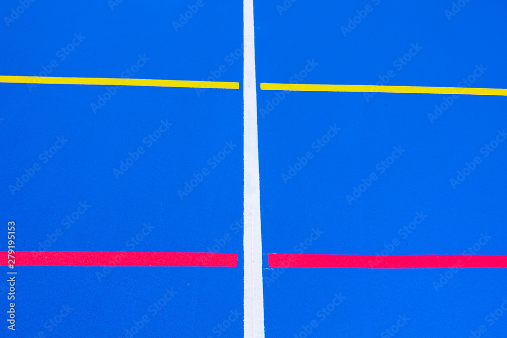 Design of a sports field, with blue background and red and yellow white ...
