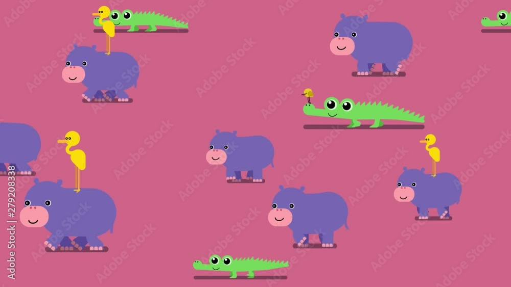 100 baby animals.Pattern with violet baby hippos, yellow herons ...