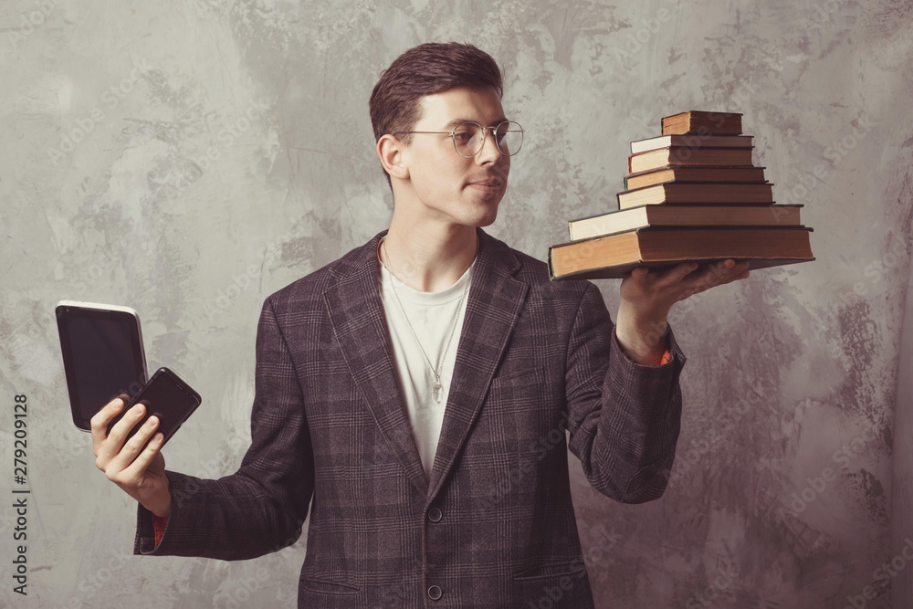 Young boy student with books in glasses. happy guy want learning, have ...