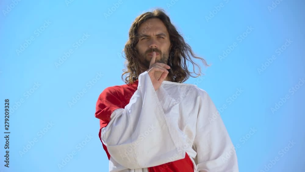Jesus showing silence gesture on sky background, speechless prayer ...