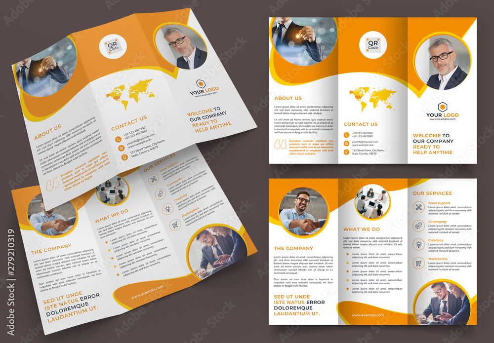 Trifold Brochure Layout with Orange and Yellow Accents Stock Template ...