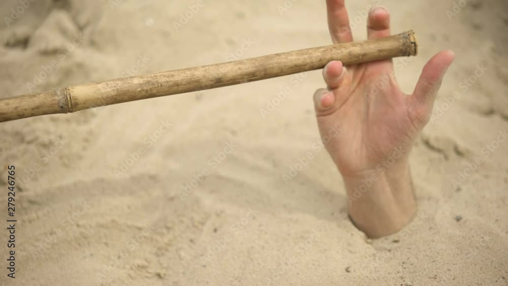 Hand sinking in quicksand, grasping stick to get out, tips to survive ...