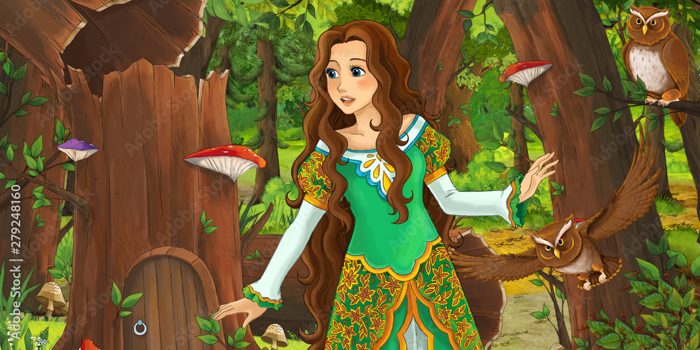 cartoon scene with happy young girl princess in the forest encountering ...
